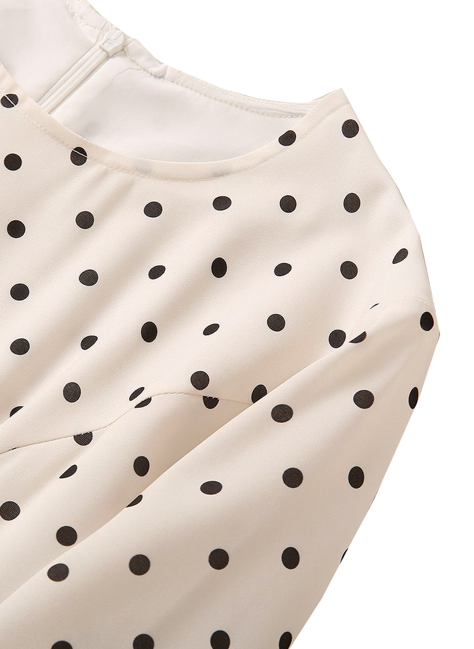 Polka Dot Flared Midi Dress with Contrast Waistband