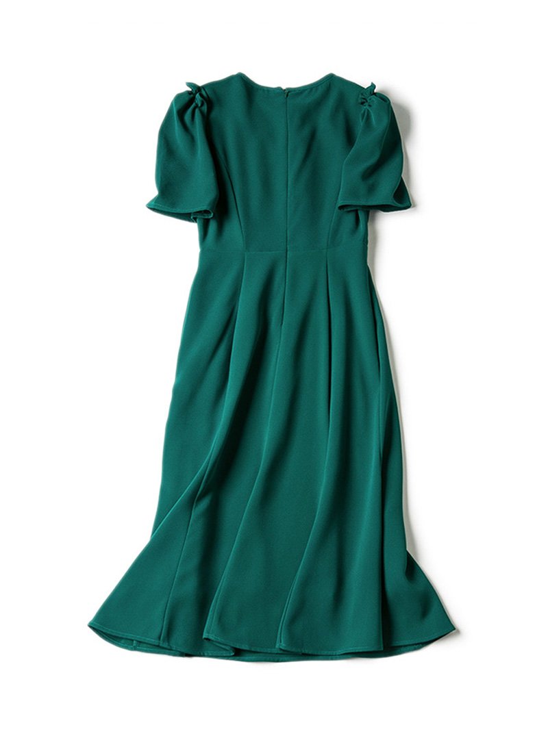 Vintage-inspired Forest Green Button Front Crepe Midi Dress