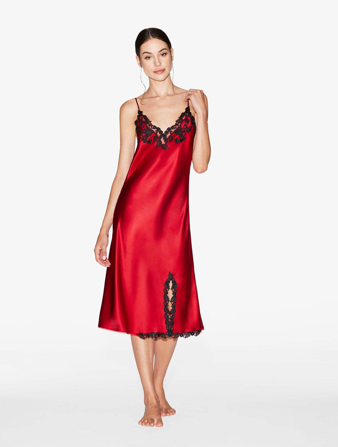 Red silk satin short nightgown with frastaglio - La Perla - US