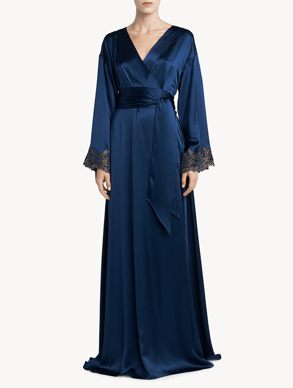 Blue long silk robe with frastaglio - La Perla - US