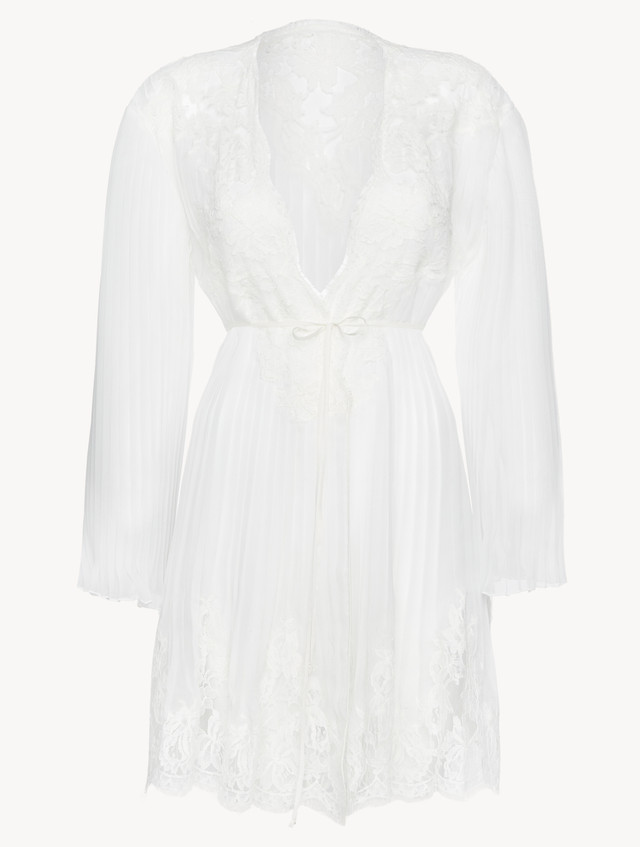 Short Robe in Off White with Cotton Leavers Lace | La Perla