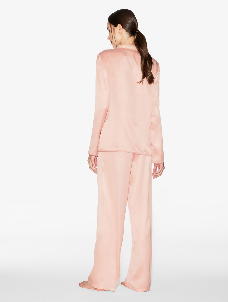 Pink silk long pajamas with frastaglio