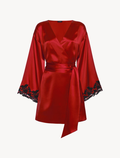 Red silk satin short robe with frastaglio - La Perla - US