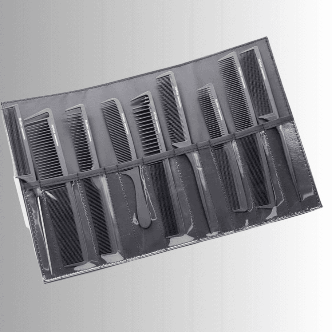 9-Piece Carbon Fiber Barber Comb Set with Carry Case – Professional ...