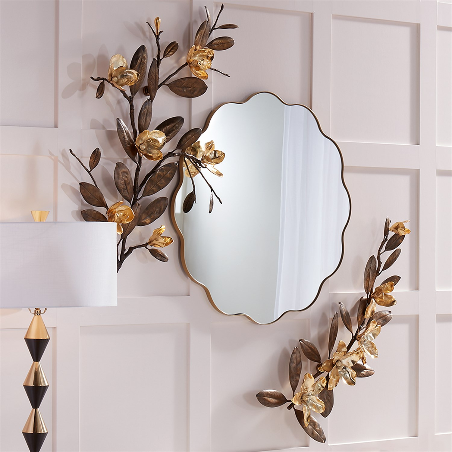 Global Views Scalloped Round Mirror with Gold Metal Frame