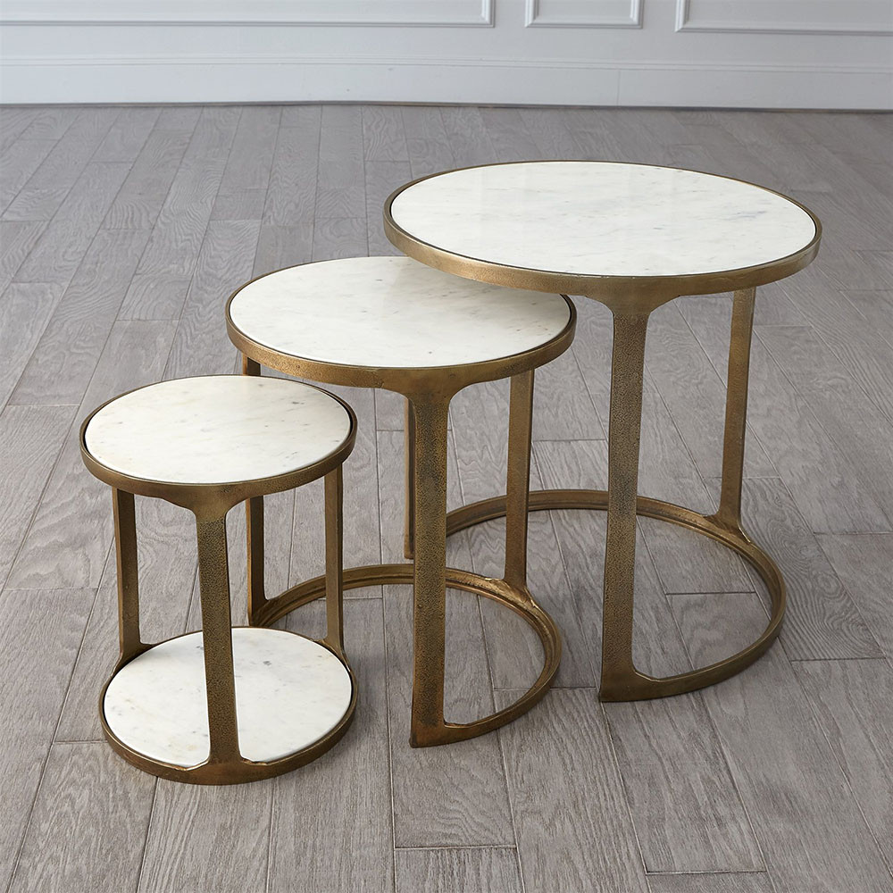 Global Views S/3 Marble Top Nesting Tables - Brass