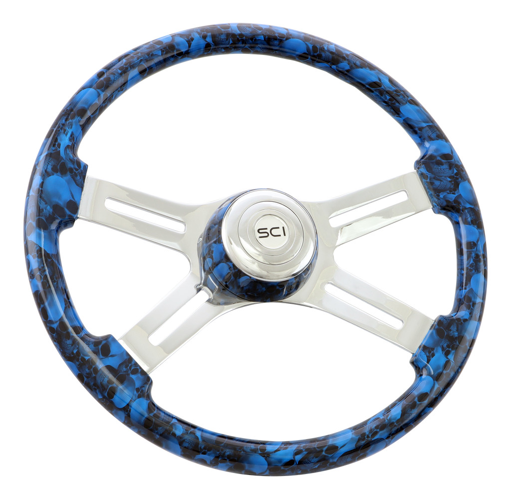 18" Printed Wood Rim Steering Wheel- Big Skulls Blue