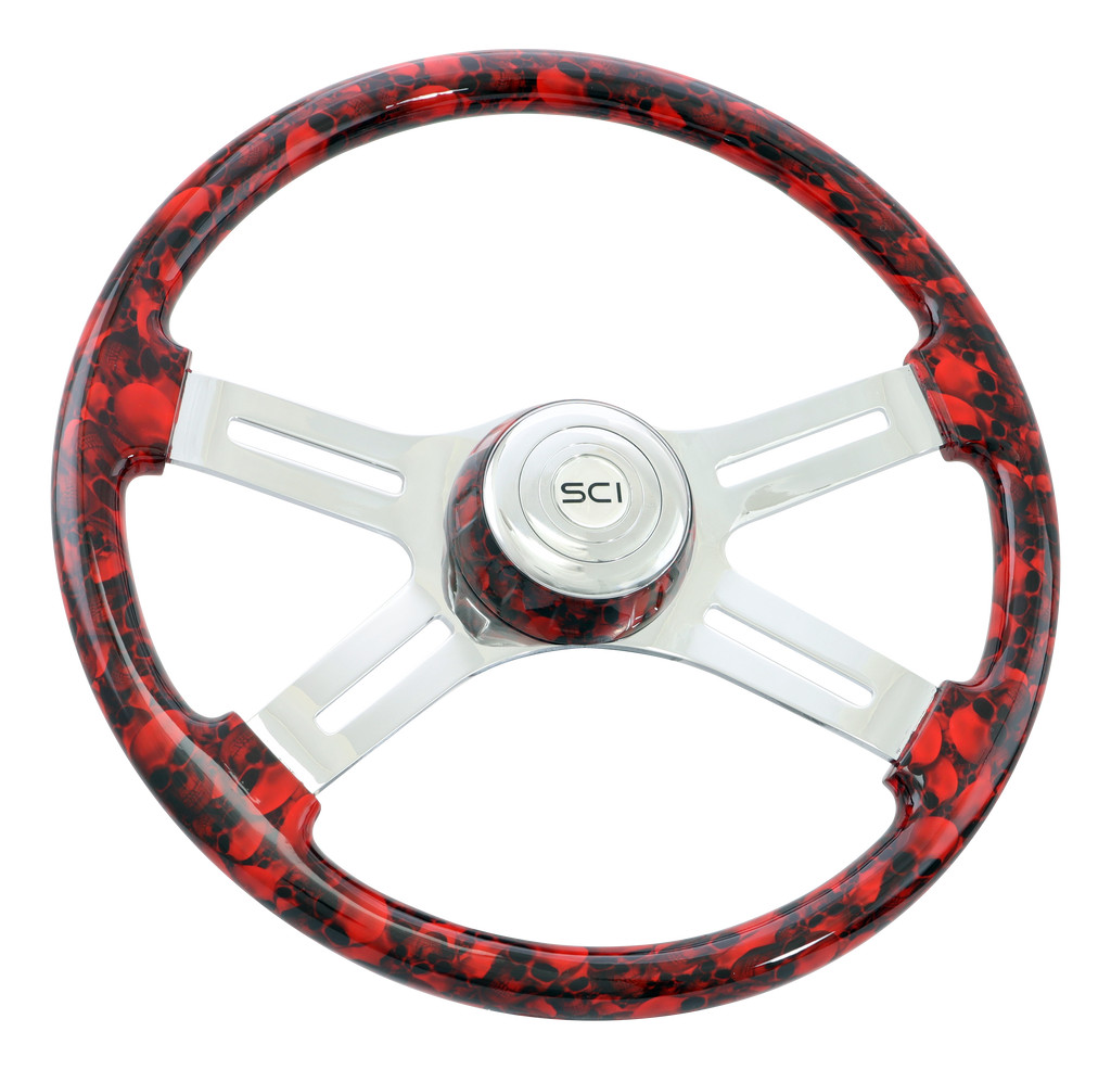 18" Printed Wood Rim Steering Wheel- Big Skulls Red
