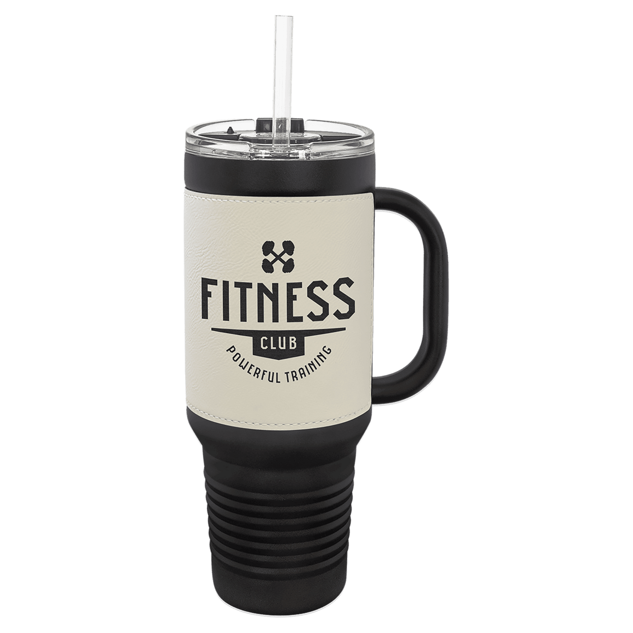 40 oz. Black with White Laserable Leatherette Travel Mug with a Handle ...