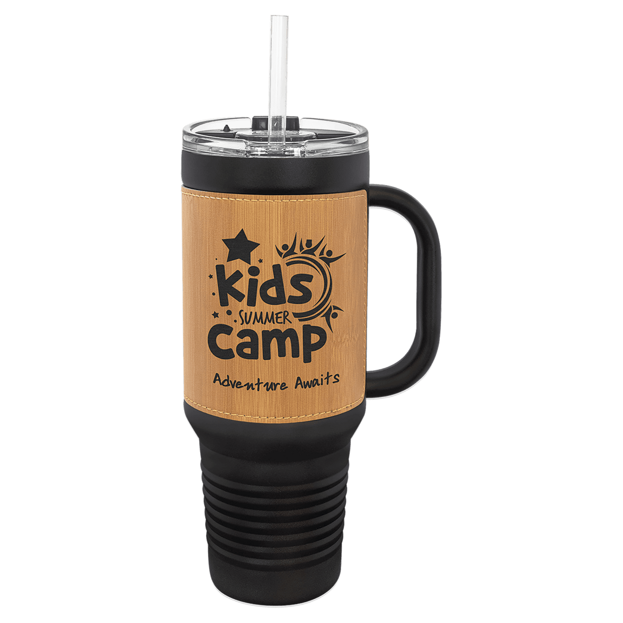 40 oz. Black with Bamboo Laserable Leatherette Travel Mug with a Handle ...