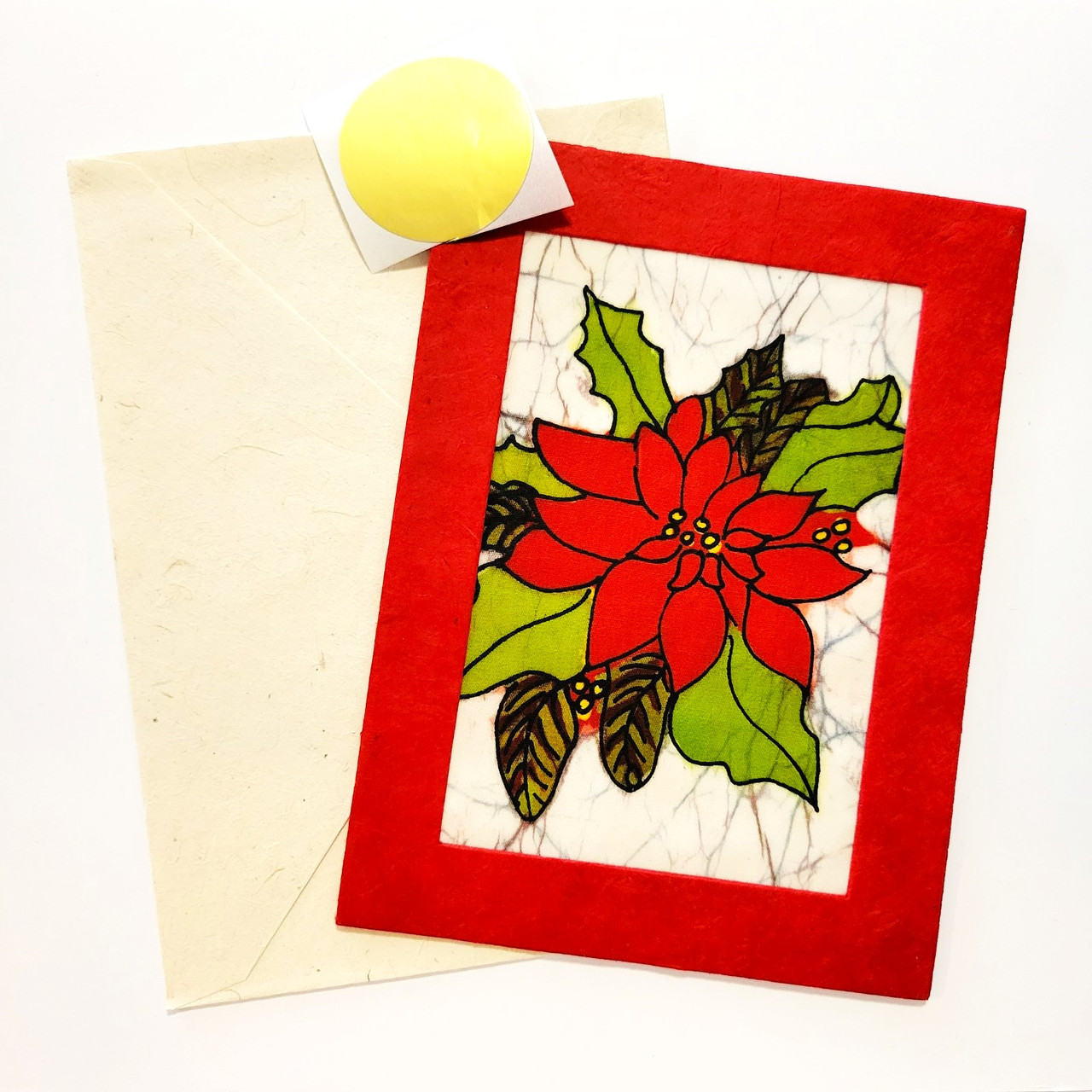 Fair trade batik poinsettia paper note card from Nepal