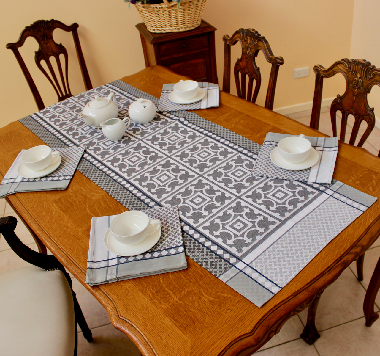 Marius Black 50x166cm French Jacquard Table Runner Made in France ...