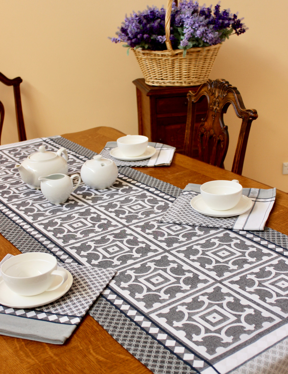 Marius Black 50x166cm French Jacquard Table Runner Made in France ...