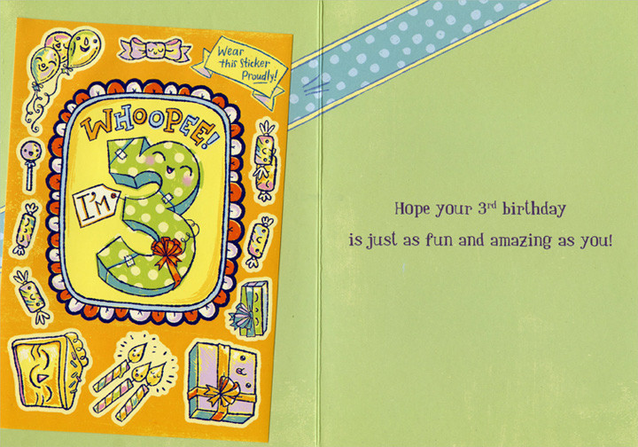 Whoopee Age 3 / 3rd Birthday Card with Stickers | PaperCards.com
