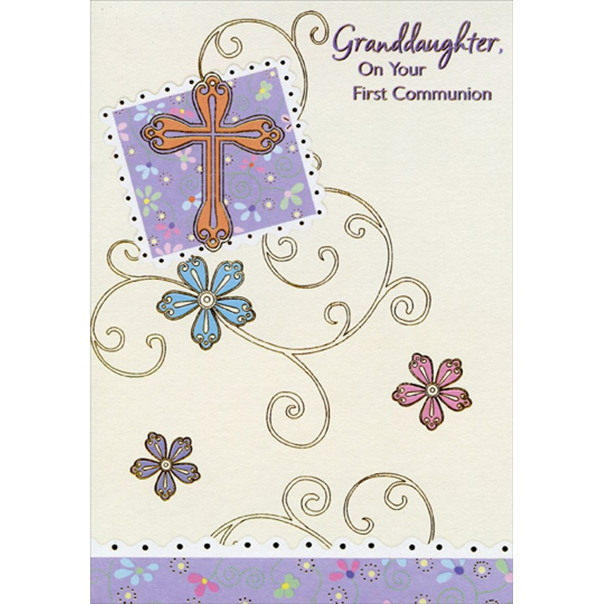 Gold Lined Cross and Flowers 1st / First Communion Card for ...
