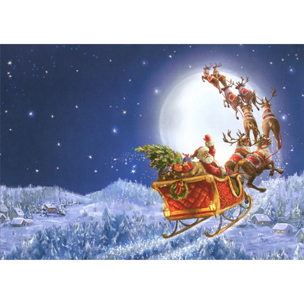 Santa, Sleigh and Reindeer Flying in Moonlit Sky Box of 16 Christmas ...