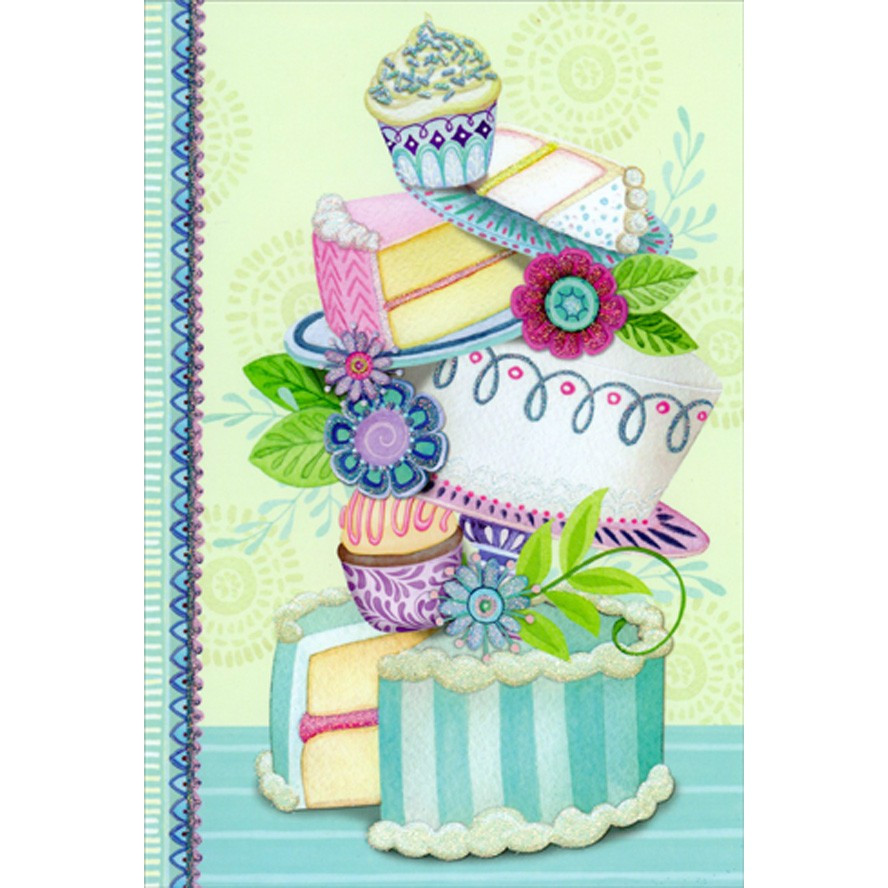 Shimmering Stack of Cakes and Cupcakes Birthday Card | PaperCards.com