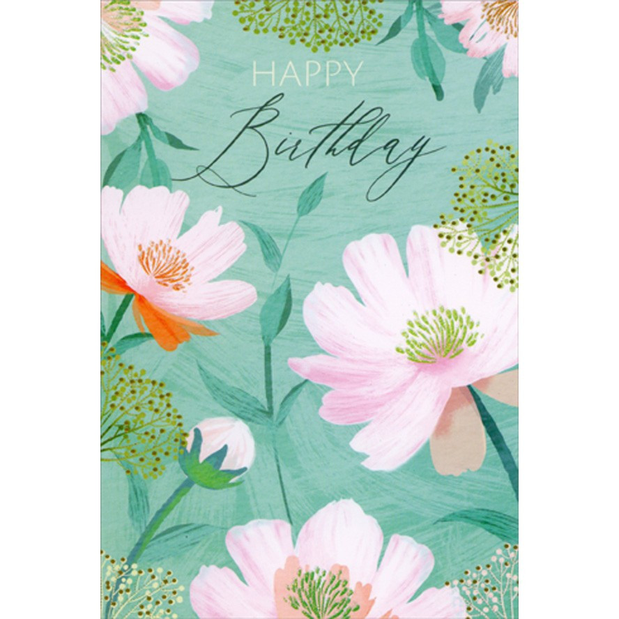 Soft Pink Flowers on Turquoise Birthday Card | PaperCards.com