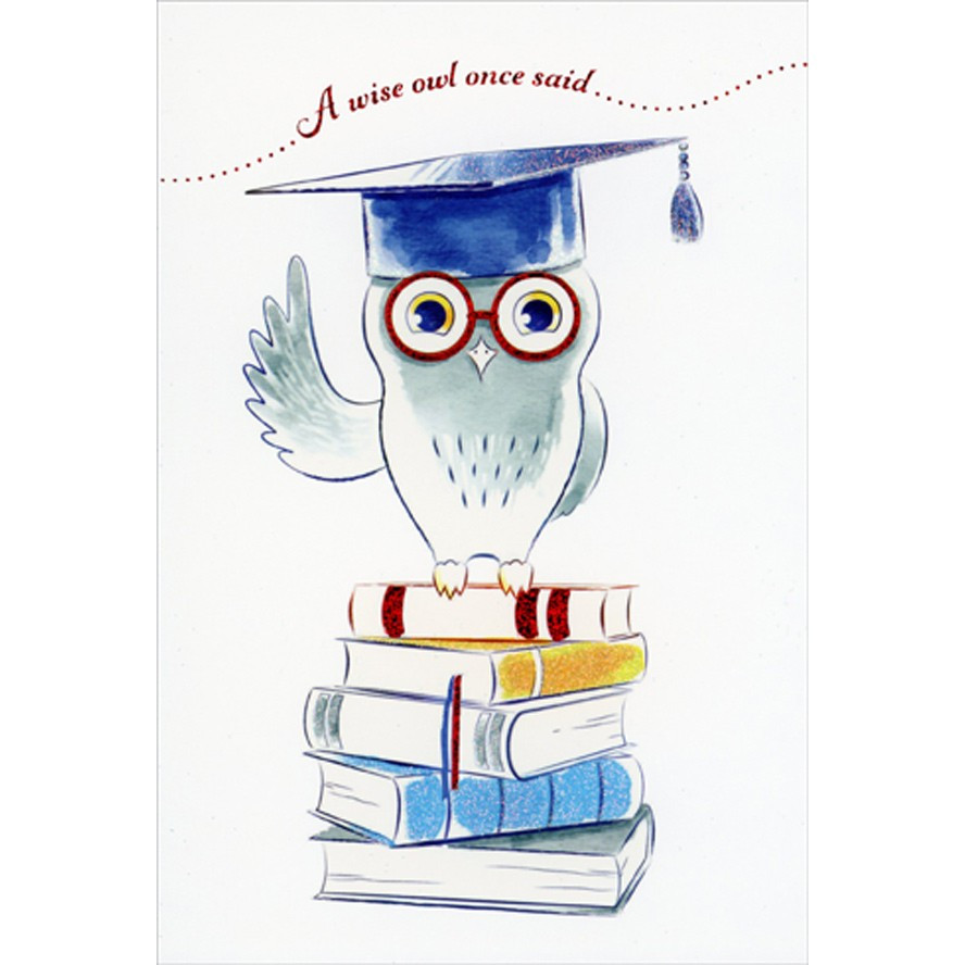 Wise Owl on Books Wearing Red Glasses Graduation Congratulations Card | PaperCards.com