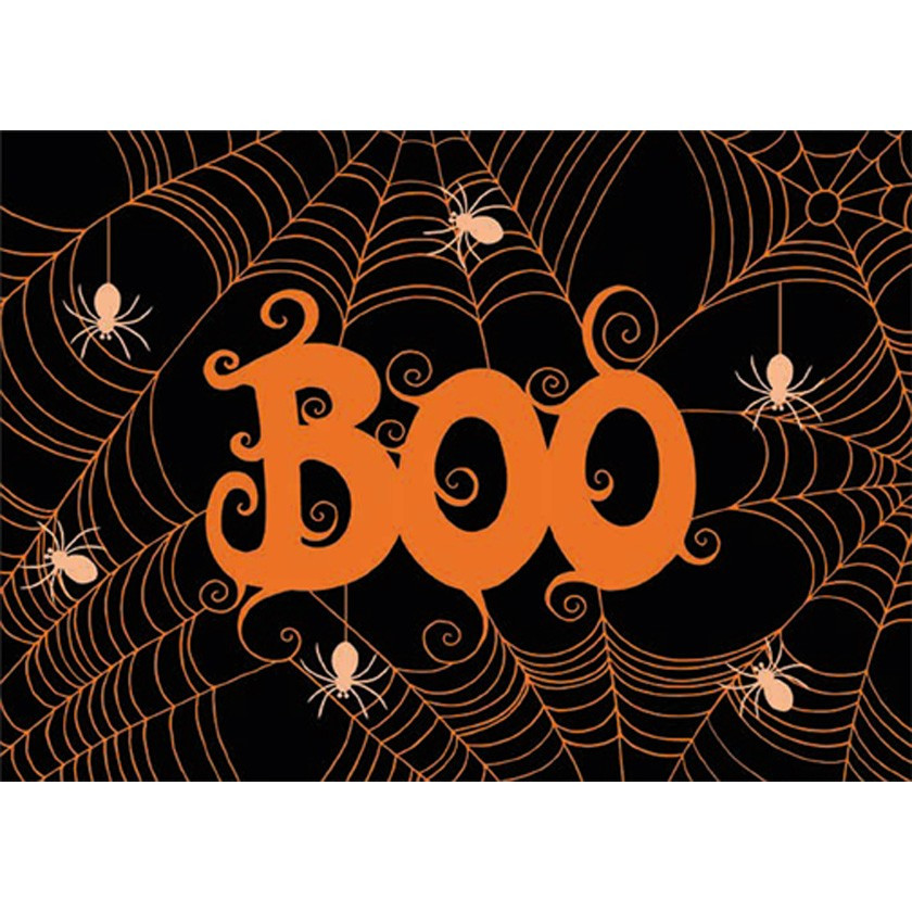 Orange Boo and Spider Webs on Black Halloween Card | PaperCards.com