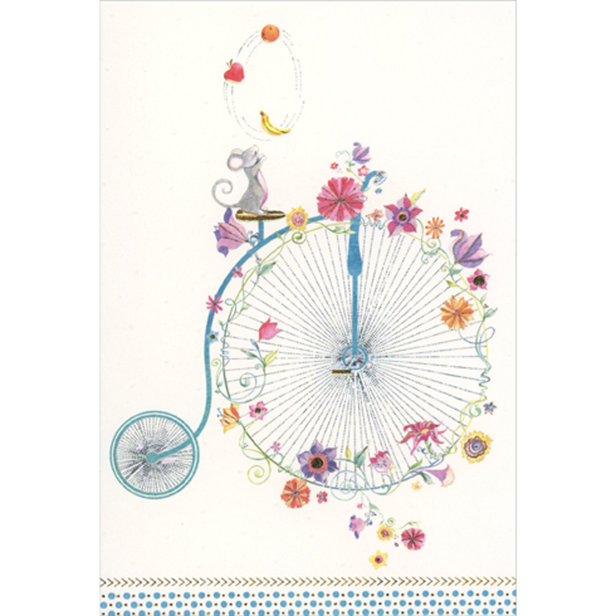 Juggling Mouse Riding Blue Vintage Bicycle Birthday Card | PaperCards.com