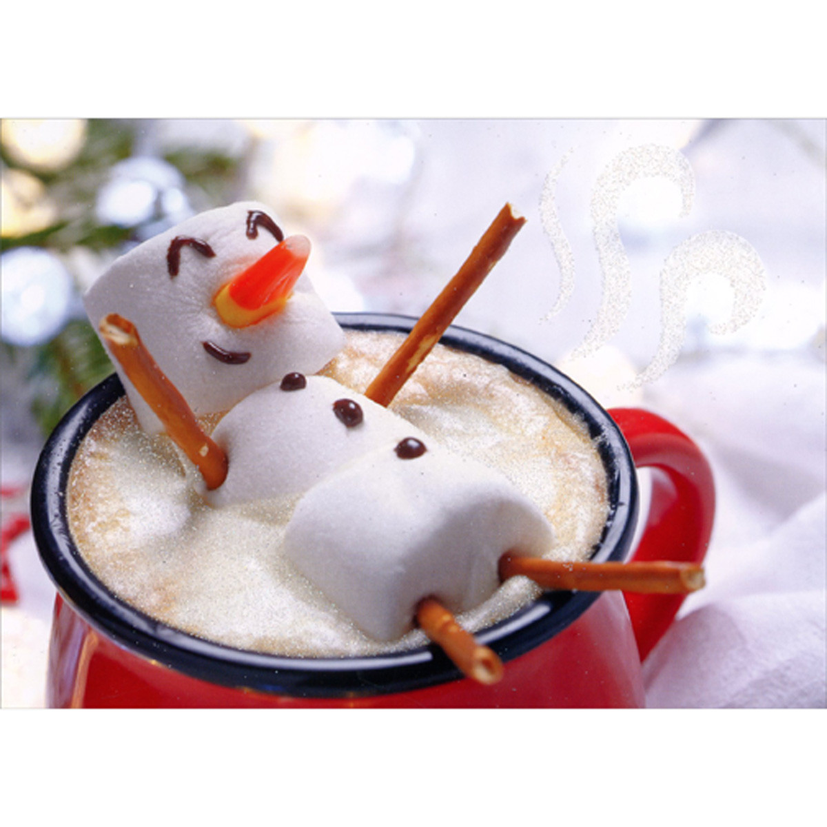Marshmallow Snowman with Pretzel Arms Floating in Hot Cocoa Humorous ...