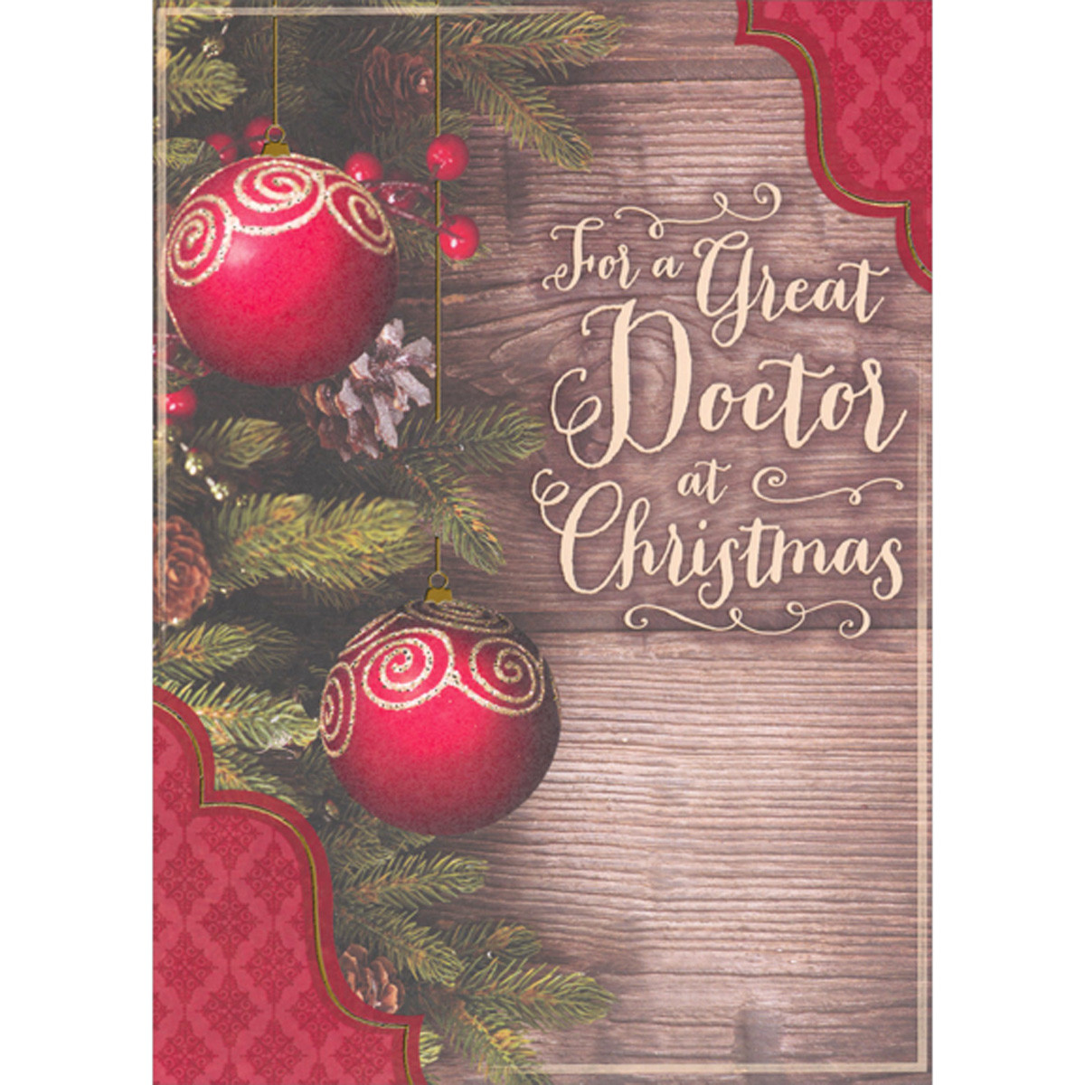 Two Red Ornaments with Gold Swirls Against Wooden Background Christmas ...