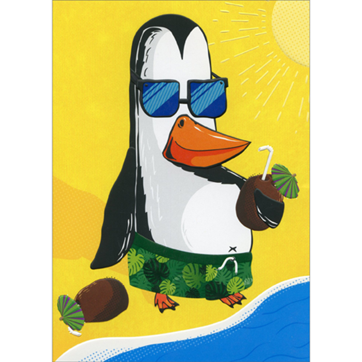 Penguin On Beach Wearing Green Shorts, Shades and Holding Coconut Drink ...
