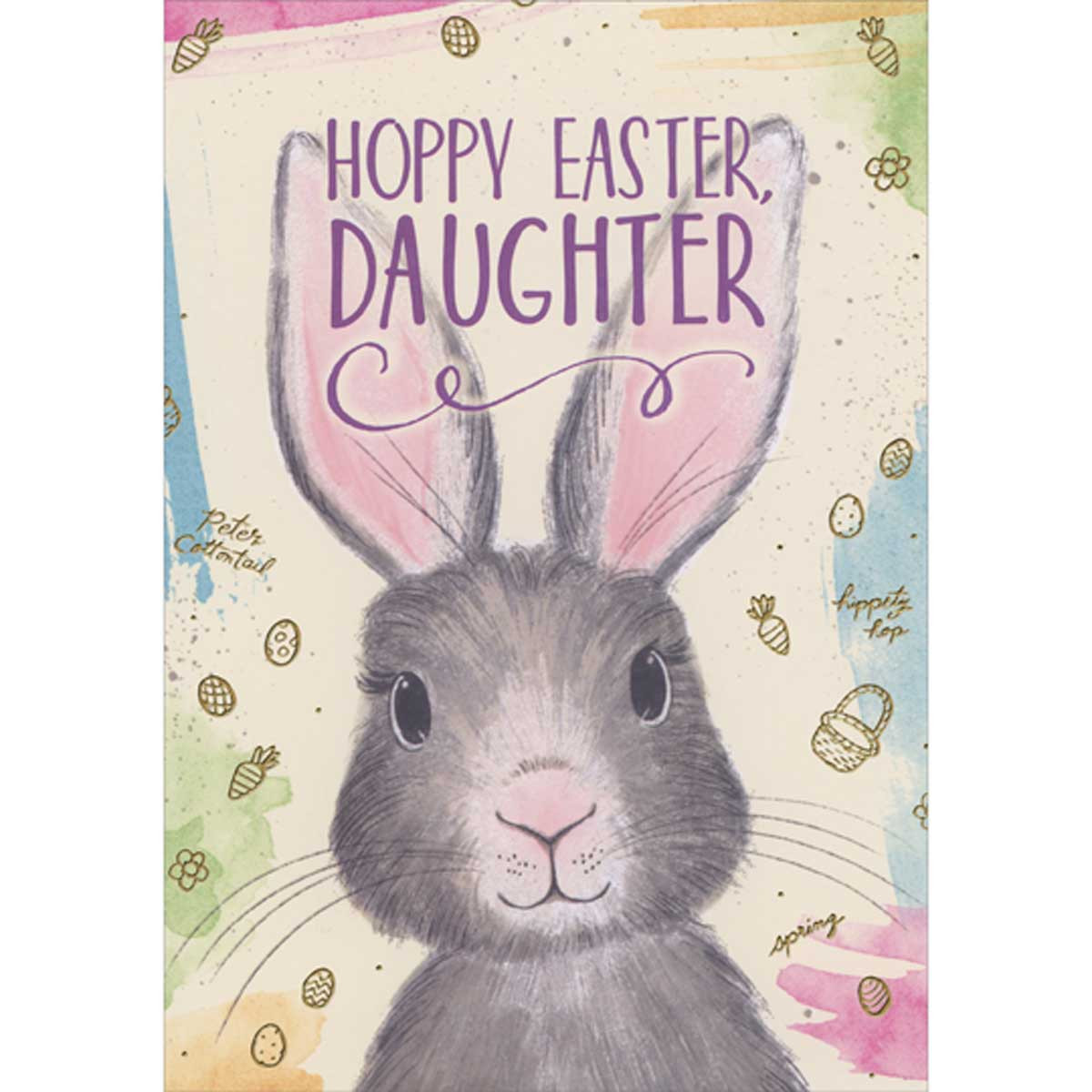 Hoppy Easter: Gray Rabbit Closeup, Gold Foil Eggs and Carrots Juvenile ...