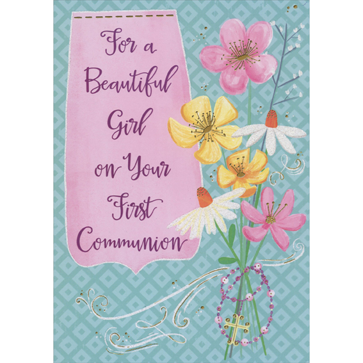 Pink, Yellow and Sparkling White Flowers Tied with Pink Rosary on Blue ...