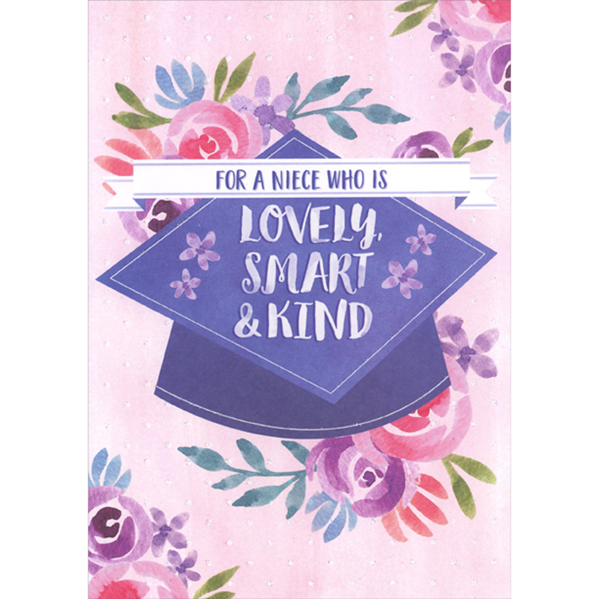 Lovely, Smart and Kind: Purple Grad Cap and Flowers on Pink Graduation ...