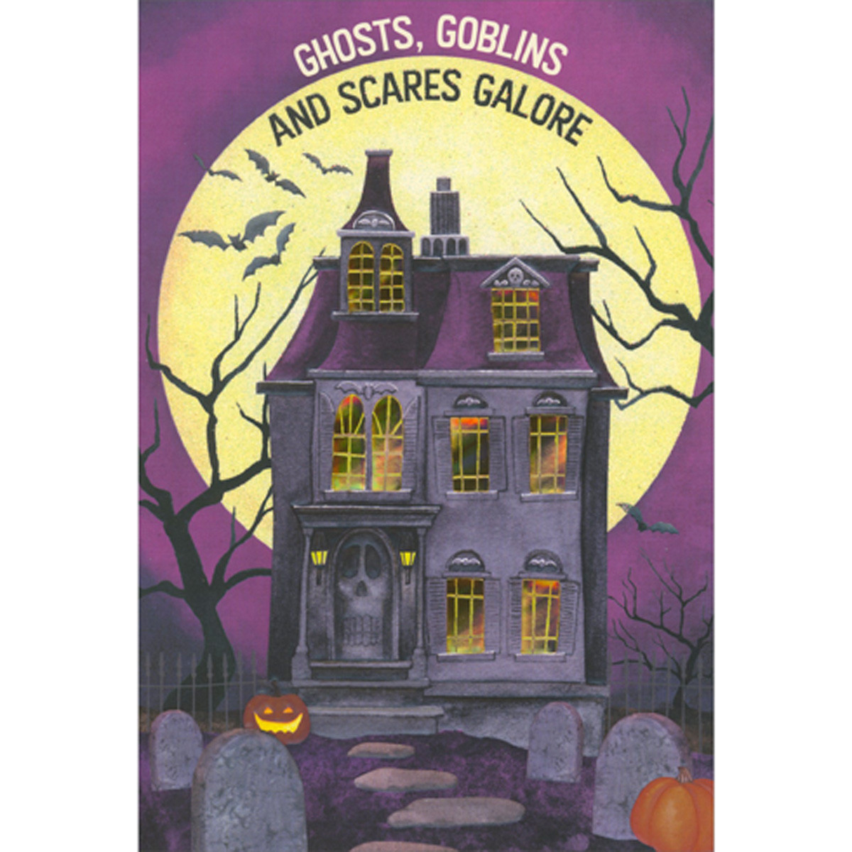 Spooky Haunted House with Gold Foil Windows and Sparkling Full Moon ...