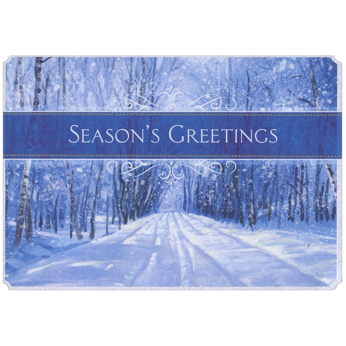 Season's Greetings: Snow Covered Road and Trees in Blue and White Box ...