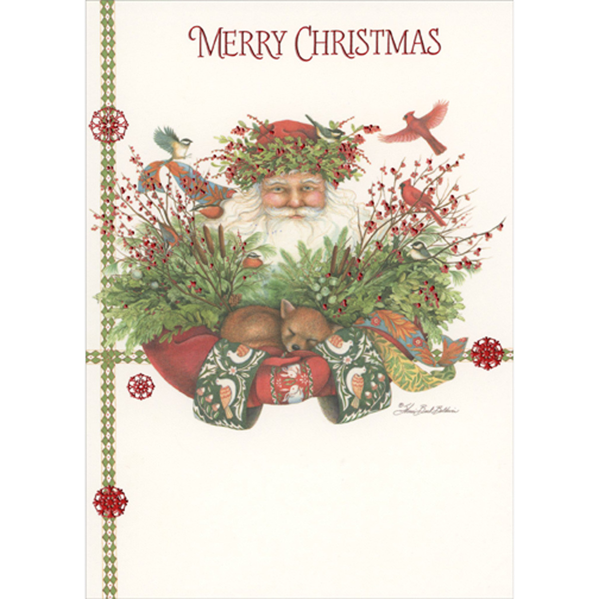 Nature Santa with Crown of Leaves and Baby Fox Resting on Folded Arms ...
