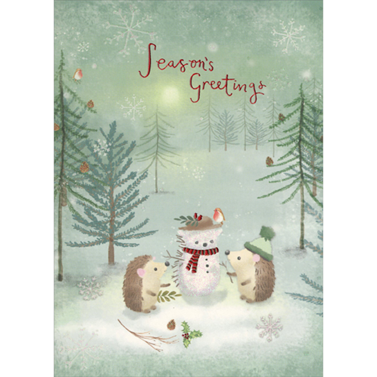 Two Hedgehogs Building Snowman Christmas Card | PaperCards.com