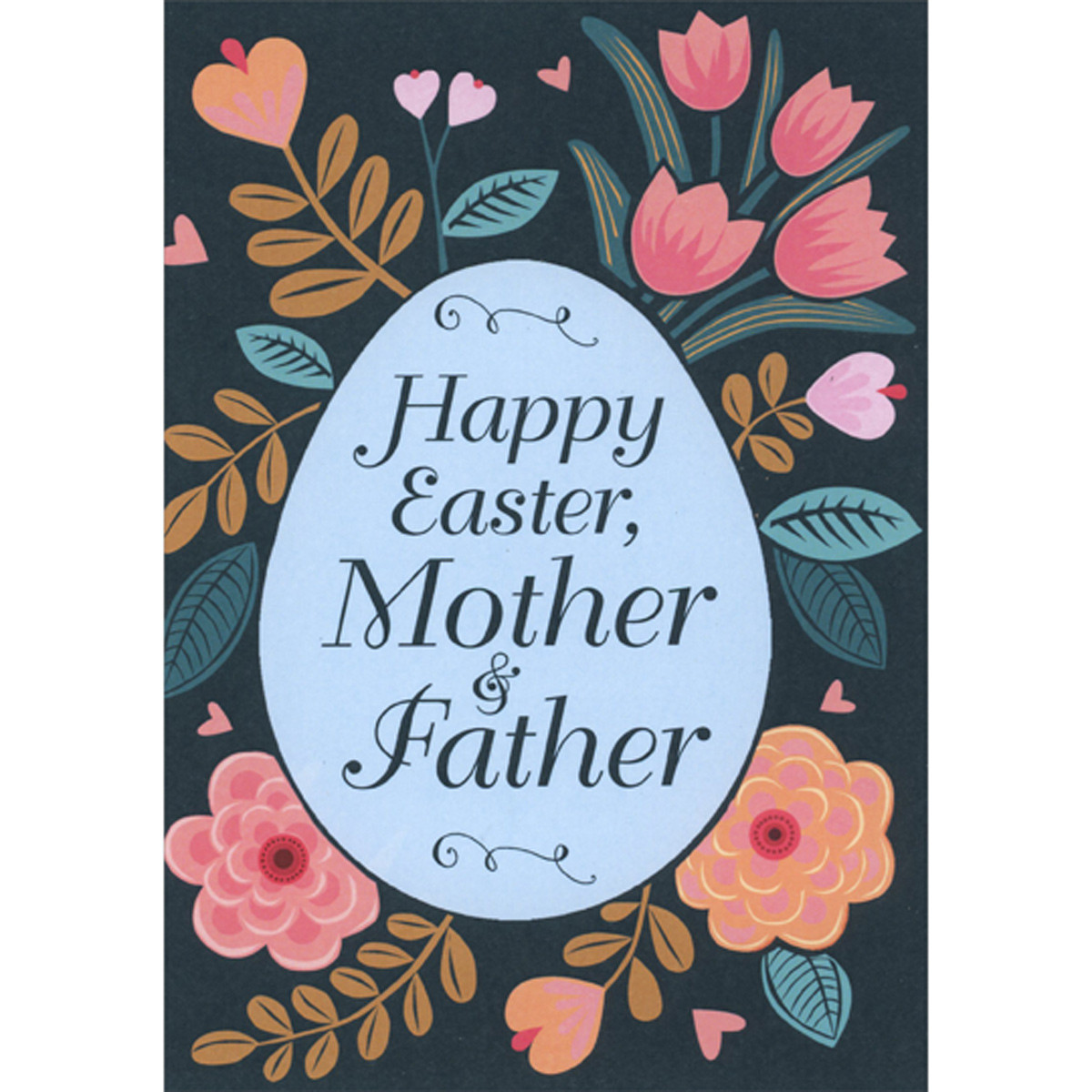Light Blue Egg Banner and Pink Flowers on Dark Background Easter Card ...