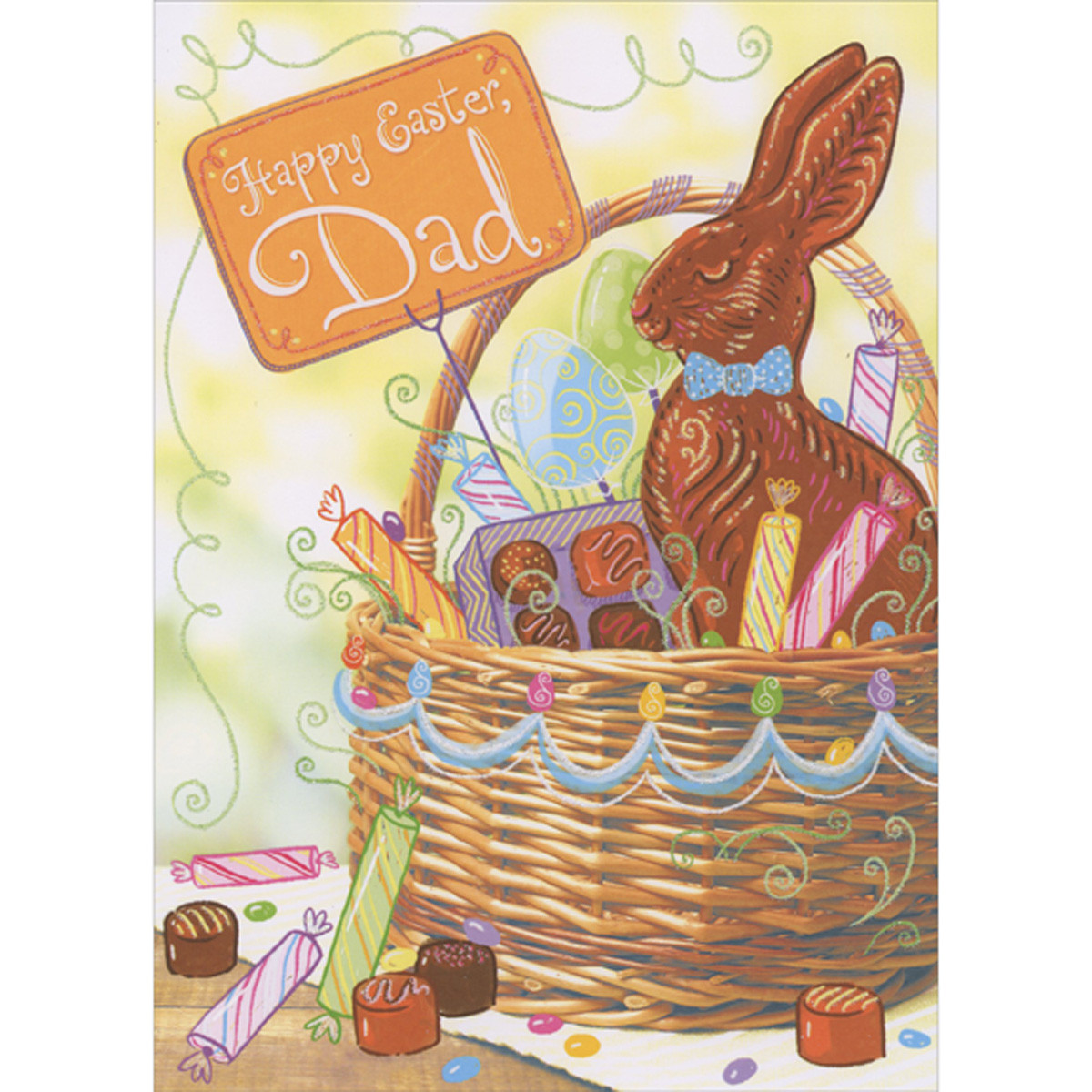 Chocolate Rabbit and Candy Inside Wicker Basket with Blue Ribbon Easter ...
