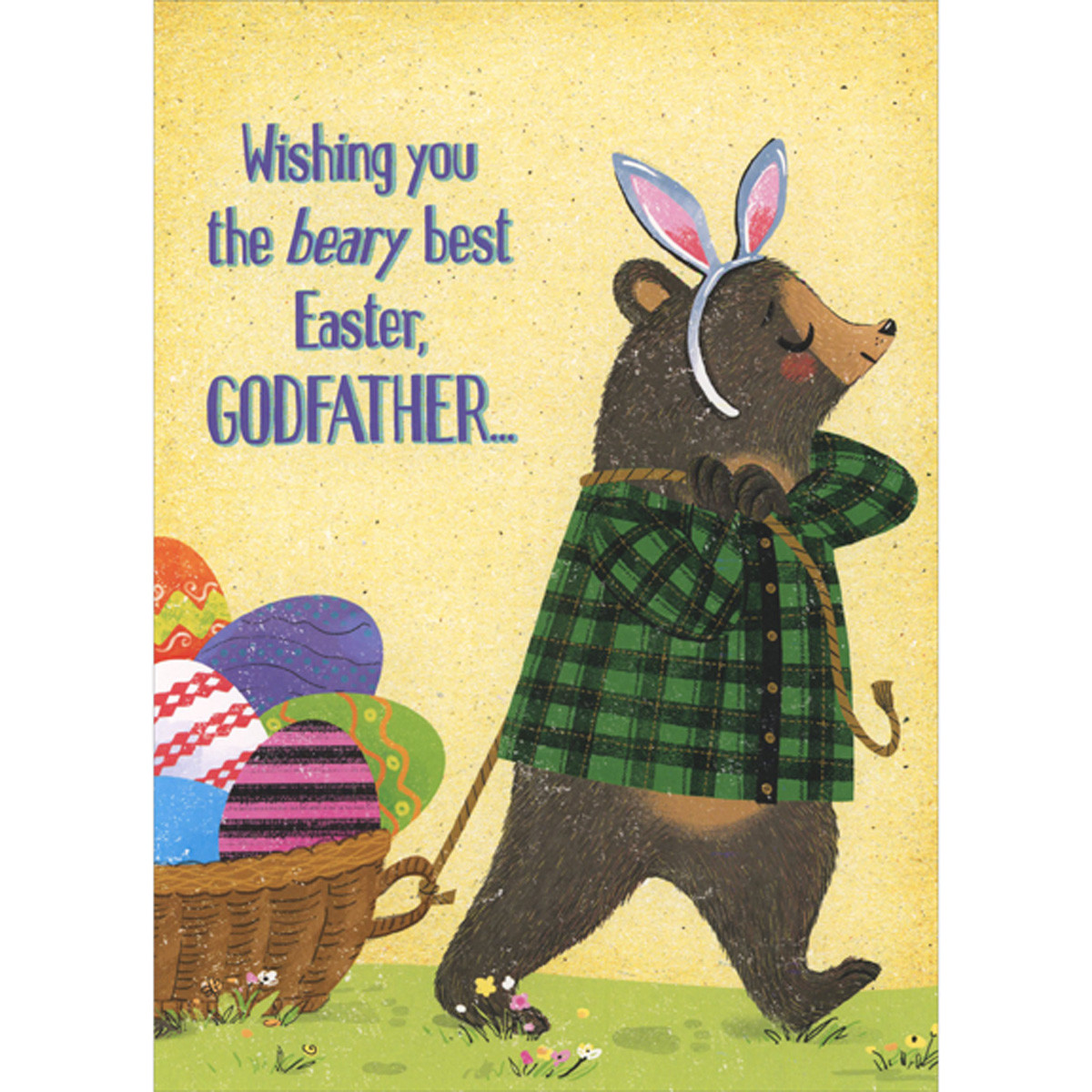 Bear in Green Checkered Shirt Pulling Basket of Eggs Juvenile Easter ...