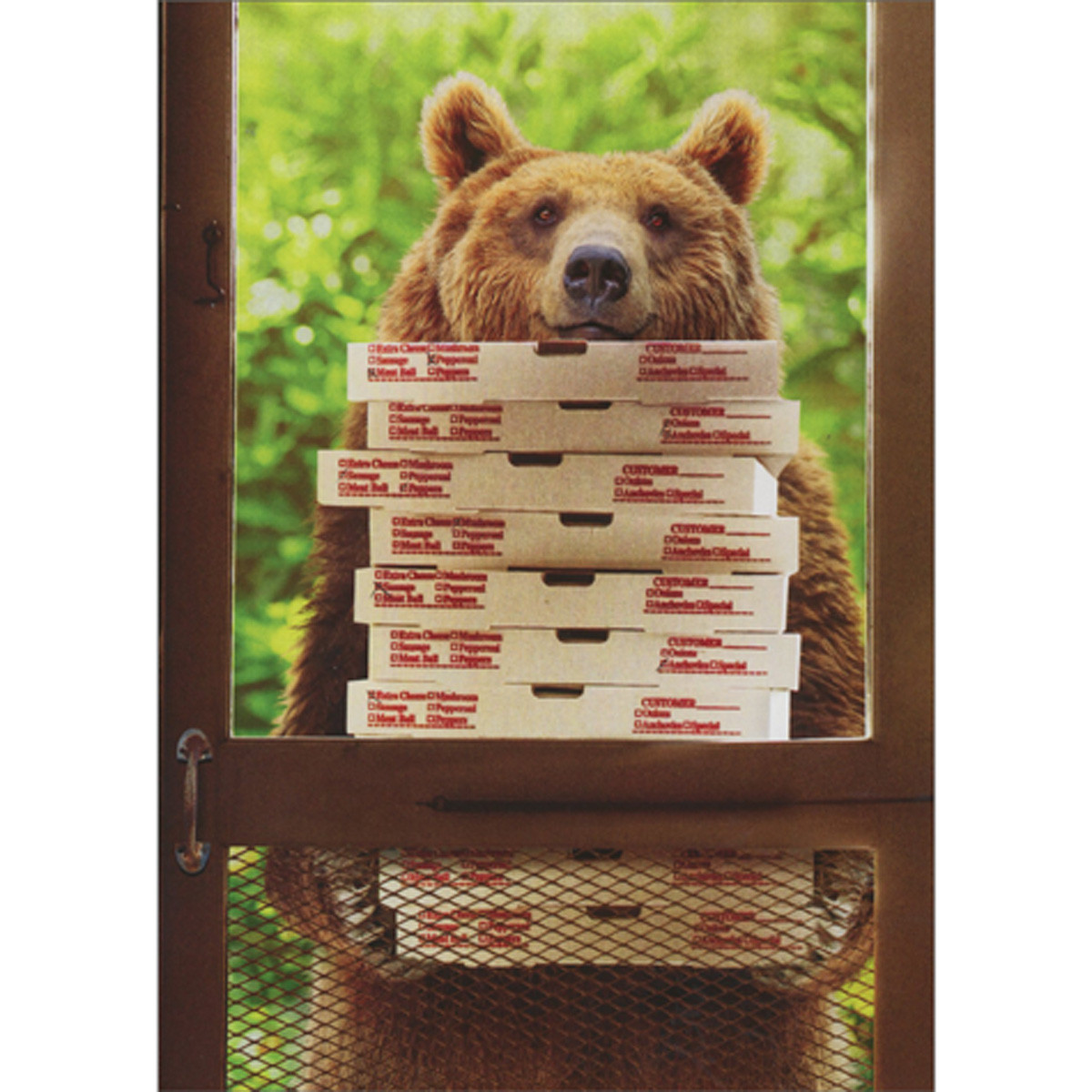 Bear Carrying Stack of Pizzas at Screen Door Funny Birthday Card ...