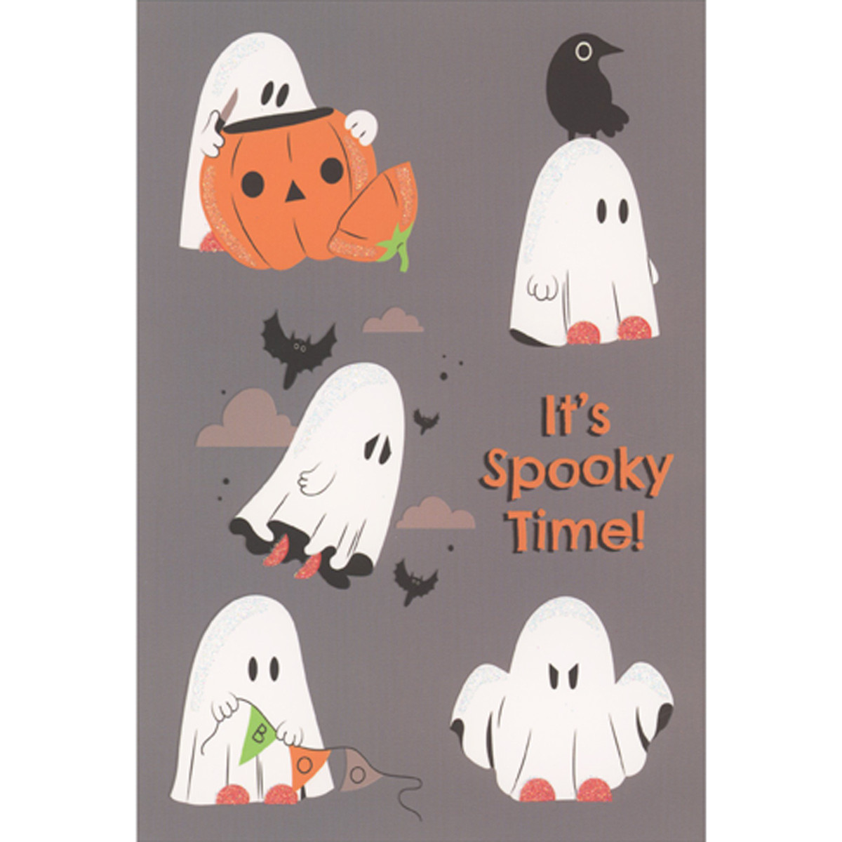 It's Spooky Time: Ghost with Carved Pumpkin, Crow, Bats, and Flags ...