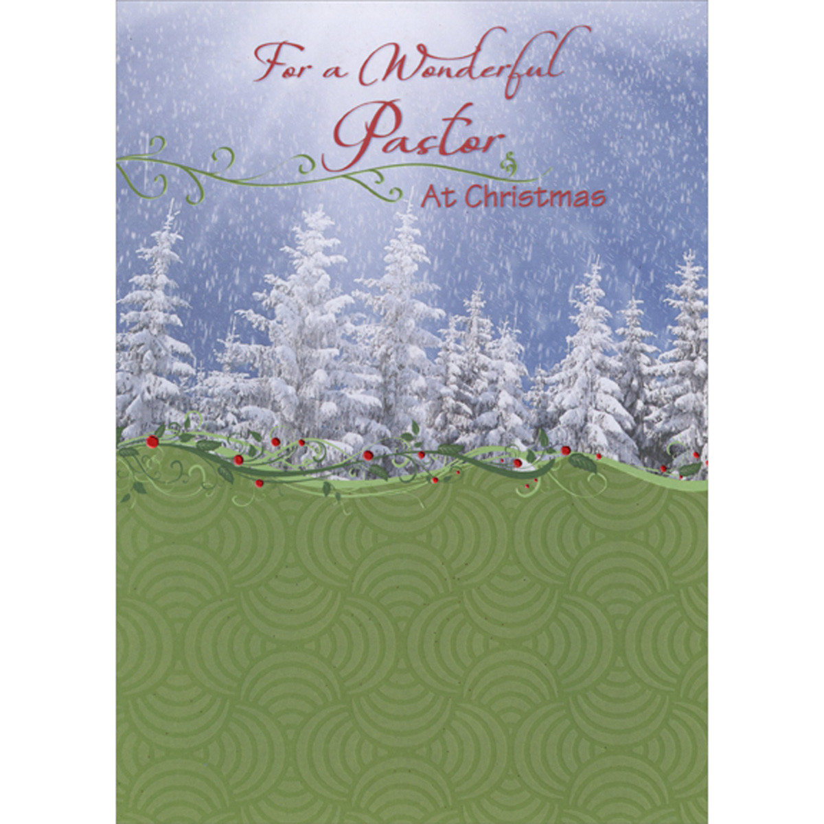 Snow Covered Trees Over Green Swirls Panel Christmas Card for Pastor ...