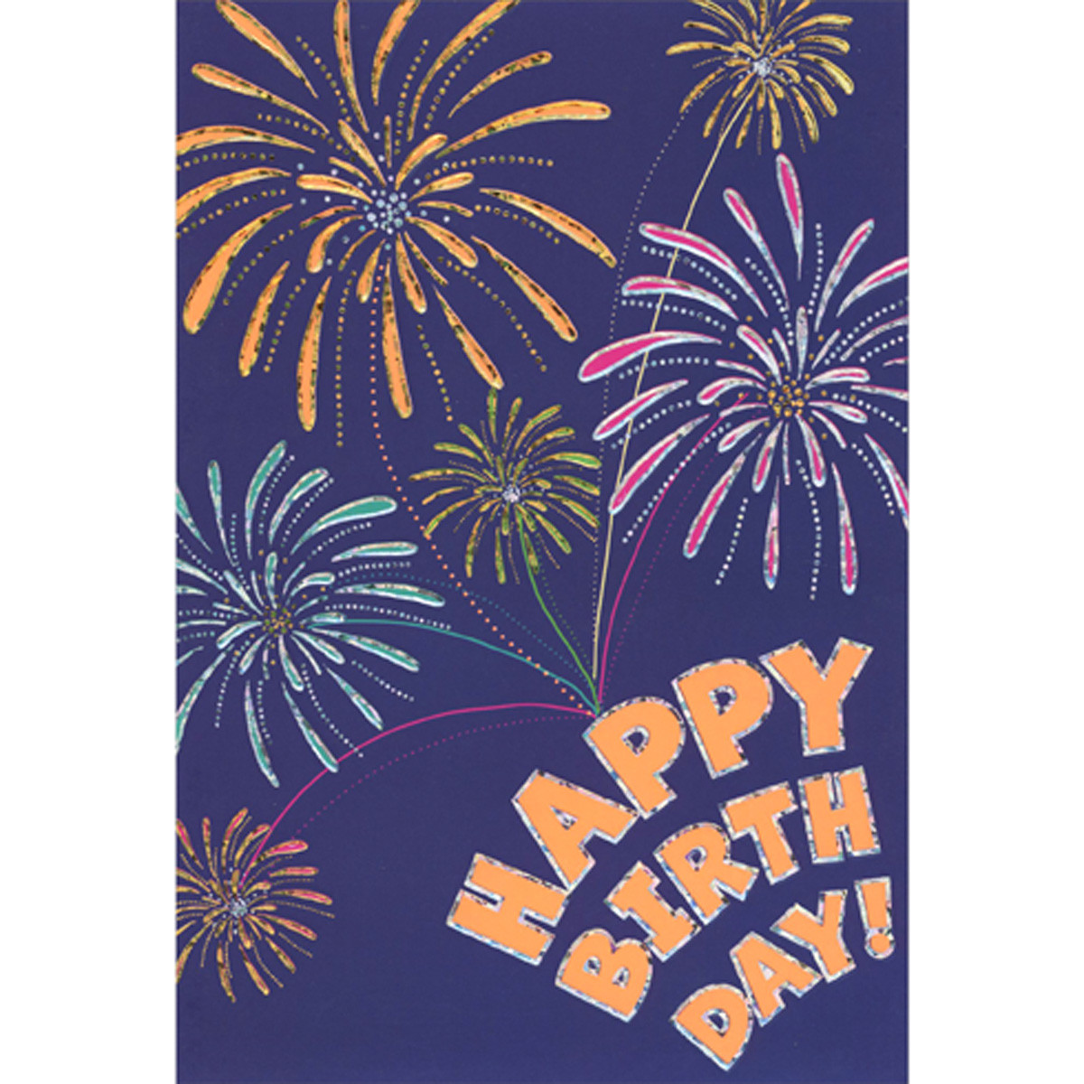 Colorful Foil Accented Fireworks Exploding on Blue Background Birthday ...