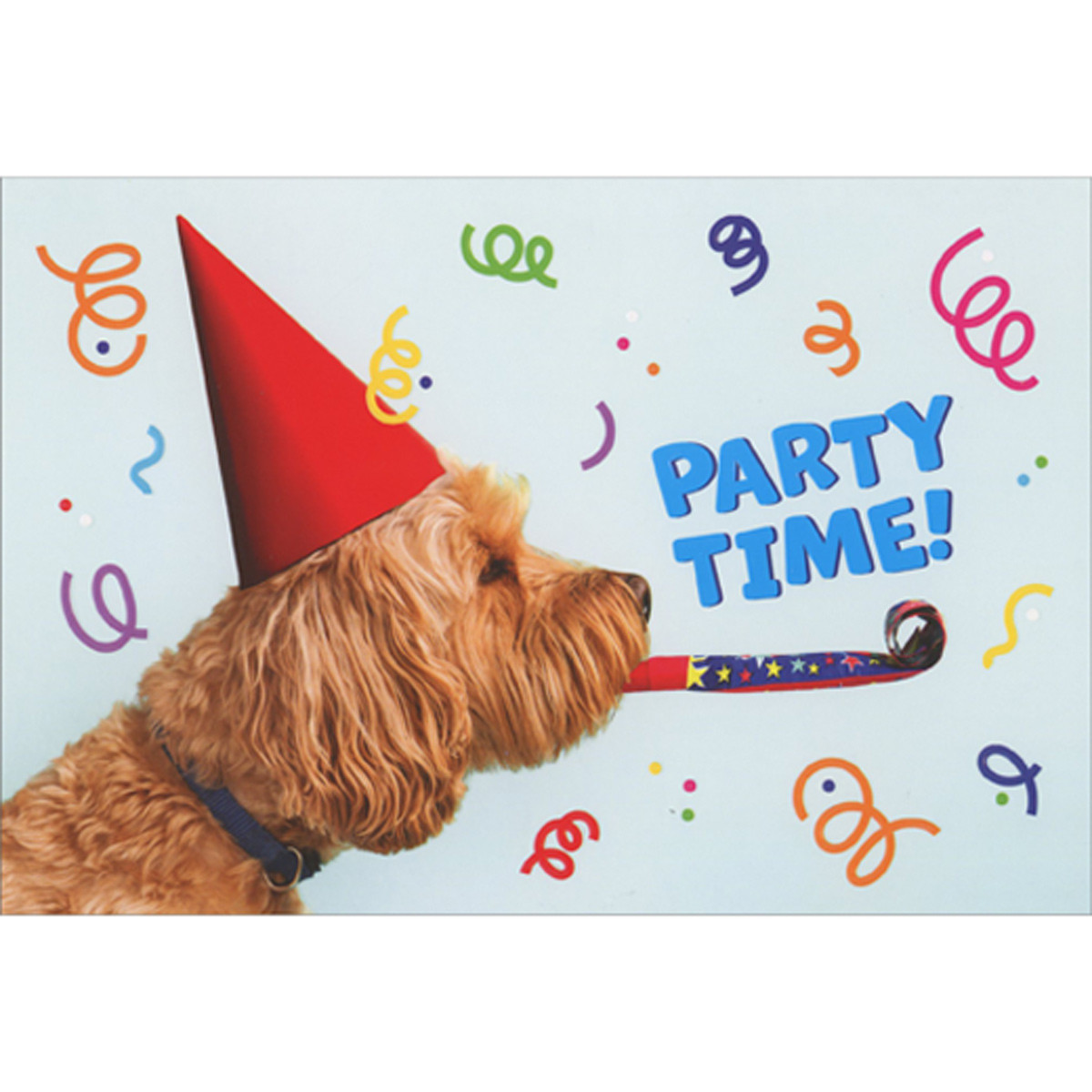 Party Time: Dog with Red Hat and Blowout Horn Funny Birthday Card ...