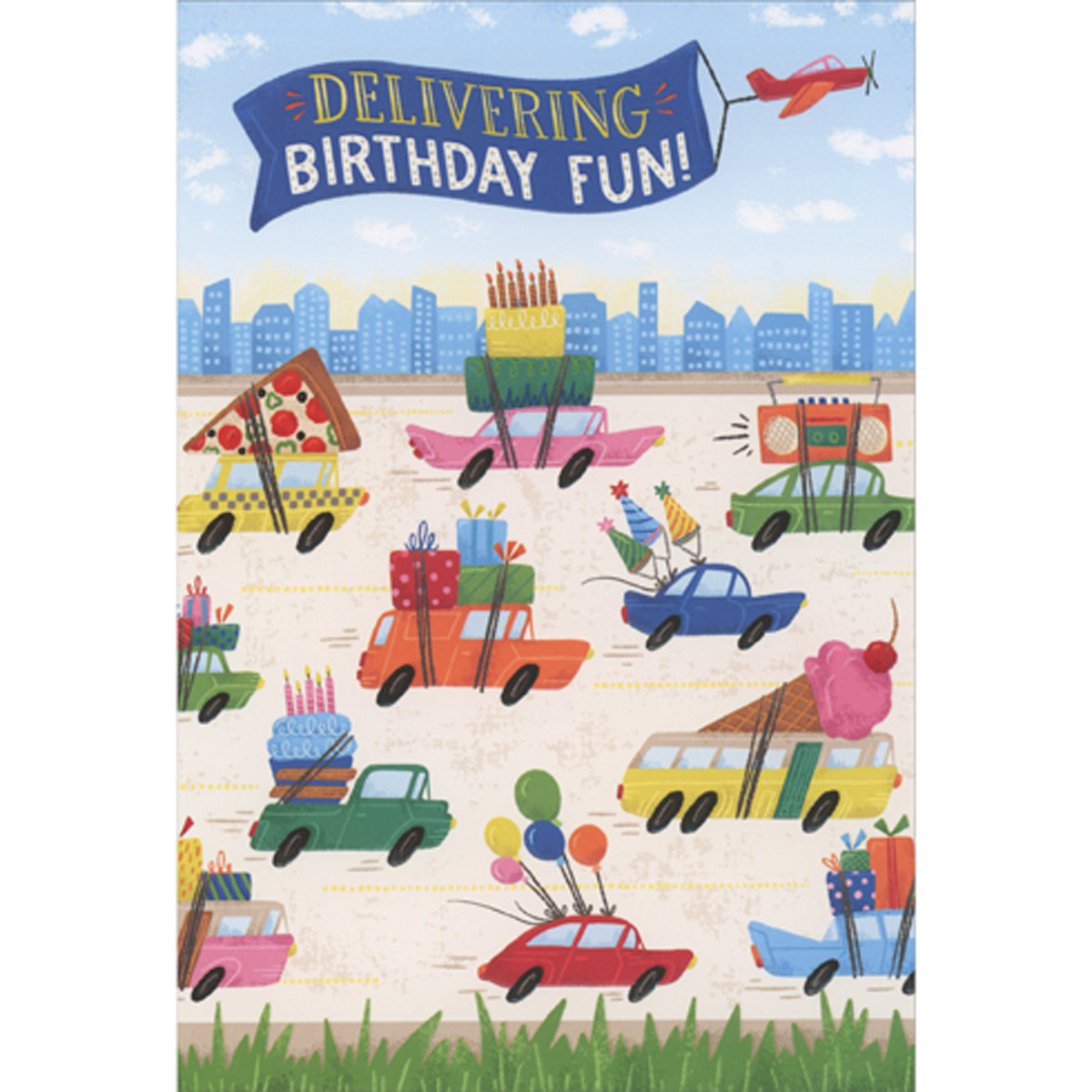 Delivering Birthday Fun: Cars Transporting Birthday Items Birthday Card ...