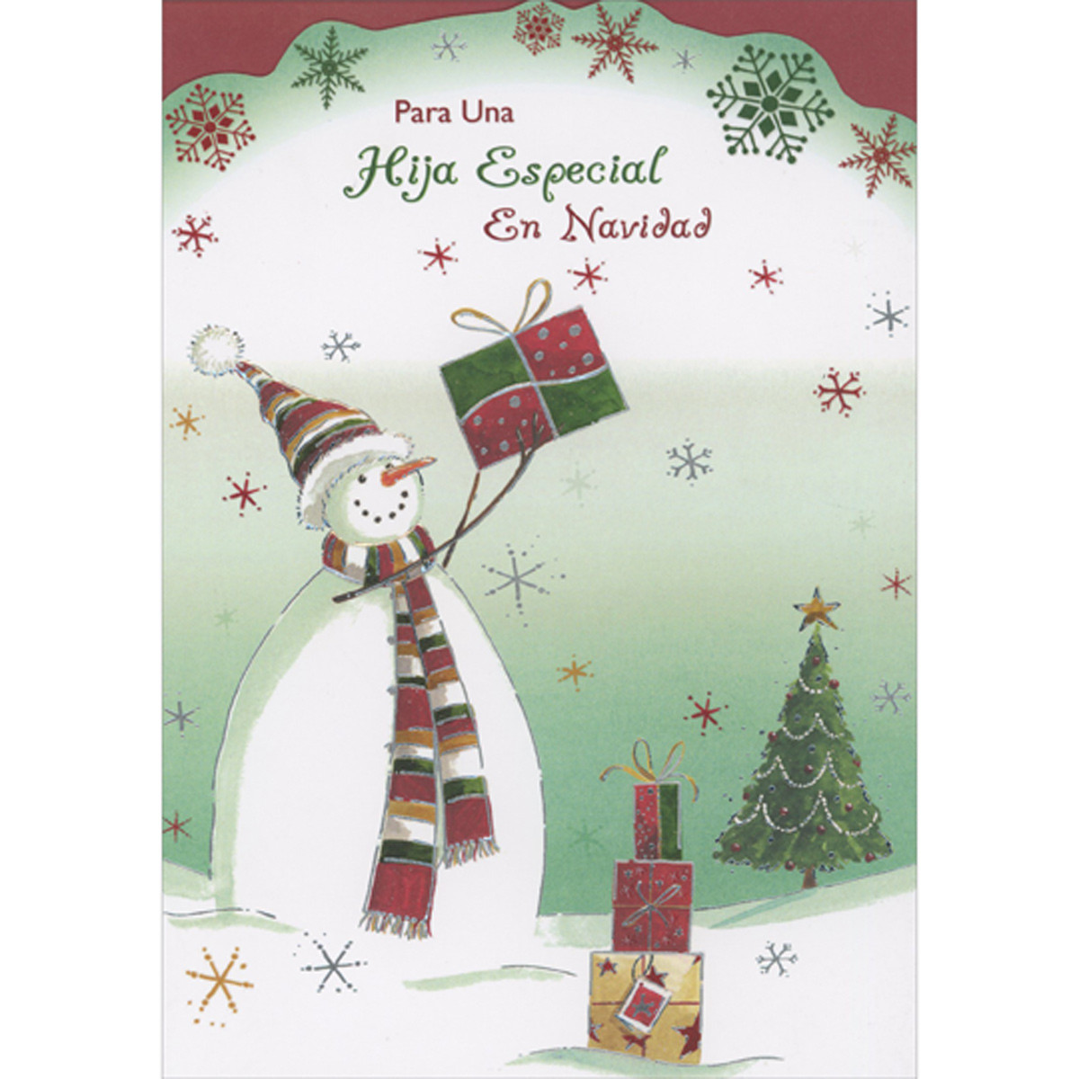 Snowman Holding Red and Green Gift Above Its Head Spanish Language ...