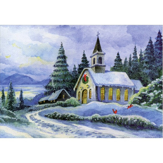 Snow Covered Church Box of 18 Religious Christmas Cards | PaperCards.com
