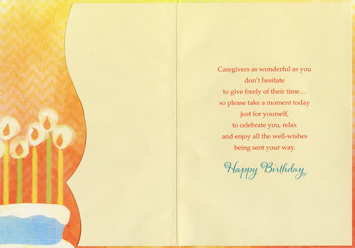 Four Tiered Cake on Orange Chevron Pattern Birthday Card for Caregiver ...