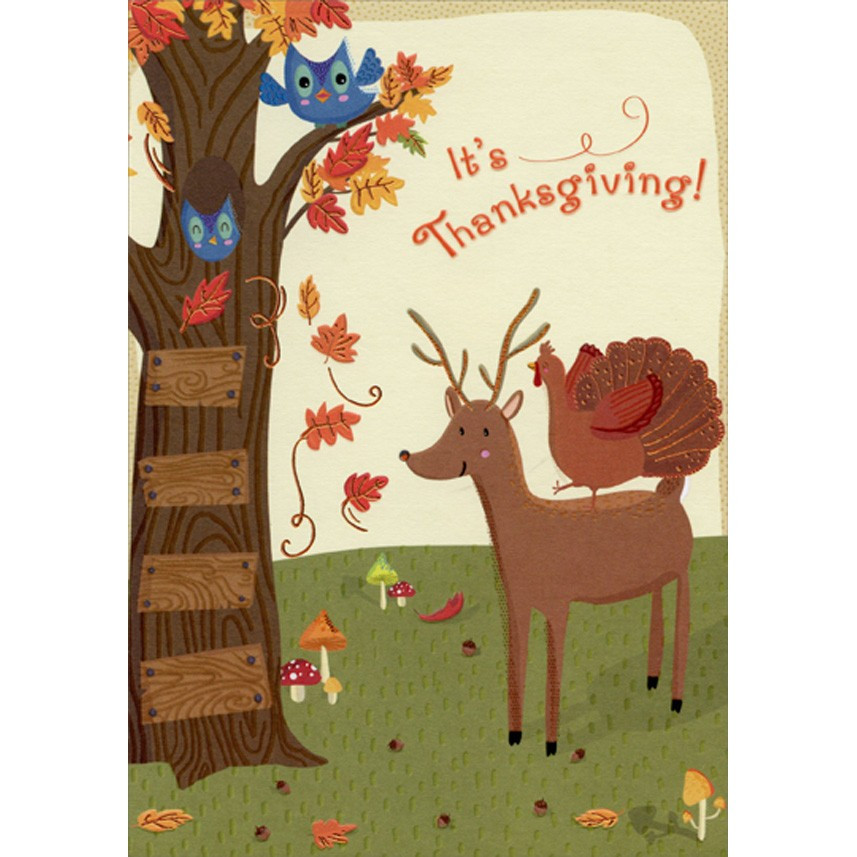 Cute Deer, Turkey and Two Blue Owls in Tree Juvenile Thanksgiving Card ...