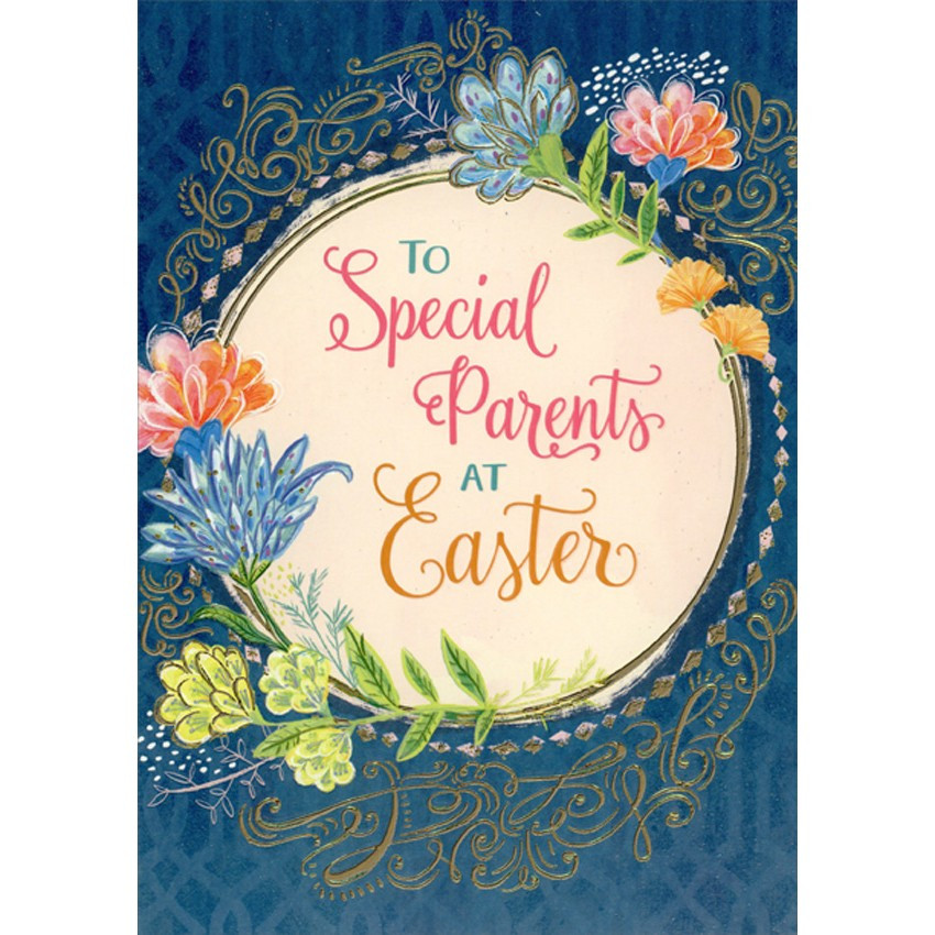Flowers and Swirling Gold Foil Swirls Around White Circle on Dark Blue ...