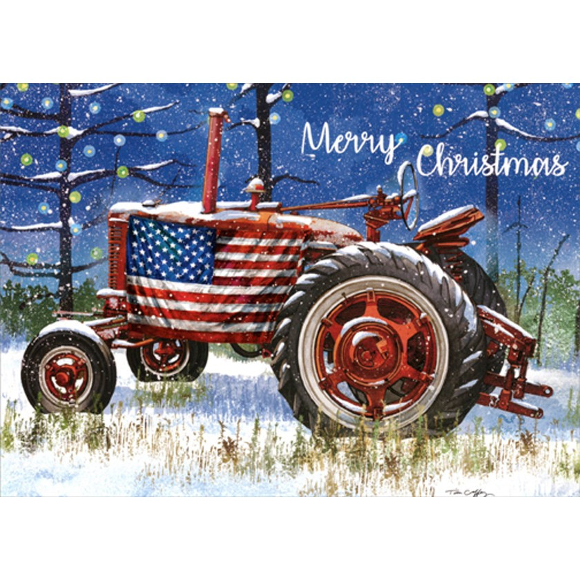 Red Tractor Draped in American Flag Patriotic Christmas Card ...